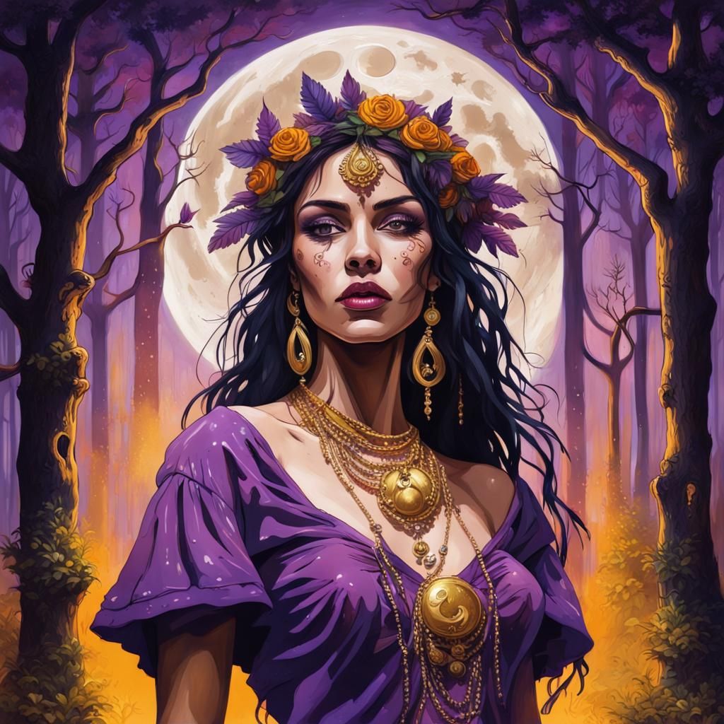 Gypsy woman wearing gold jewelry and a purple dress standing in a ...