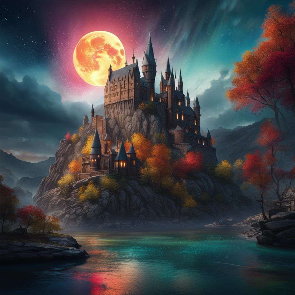 moon, water colour, colourful, beautiful, miraculous, harry potter vibe ...
