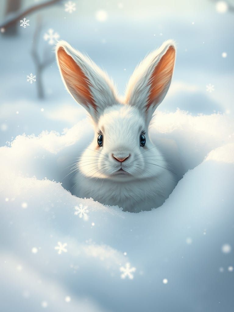 WHITE RABBIT IN THE SNOW - Whimsical Winter Wonderland Rabbi...