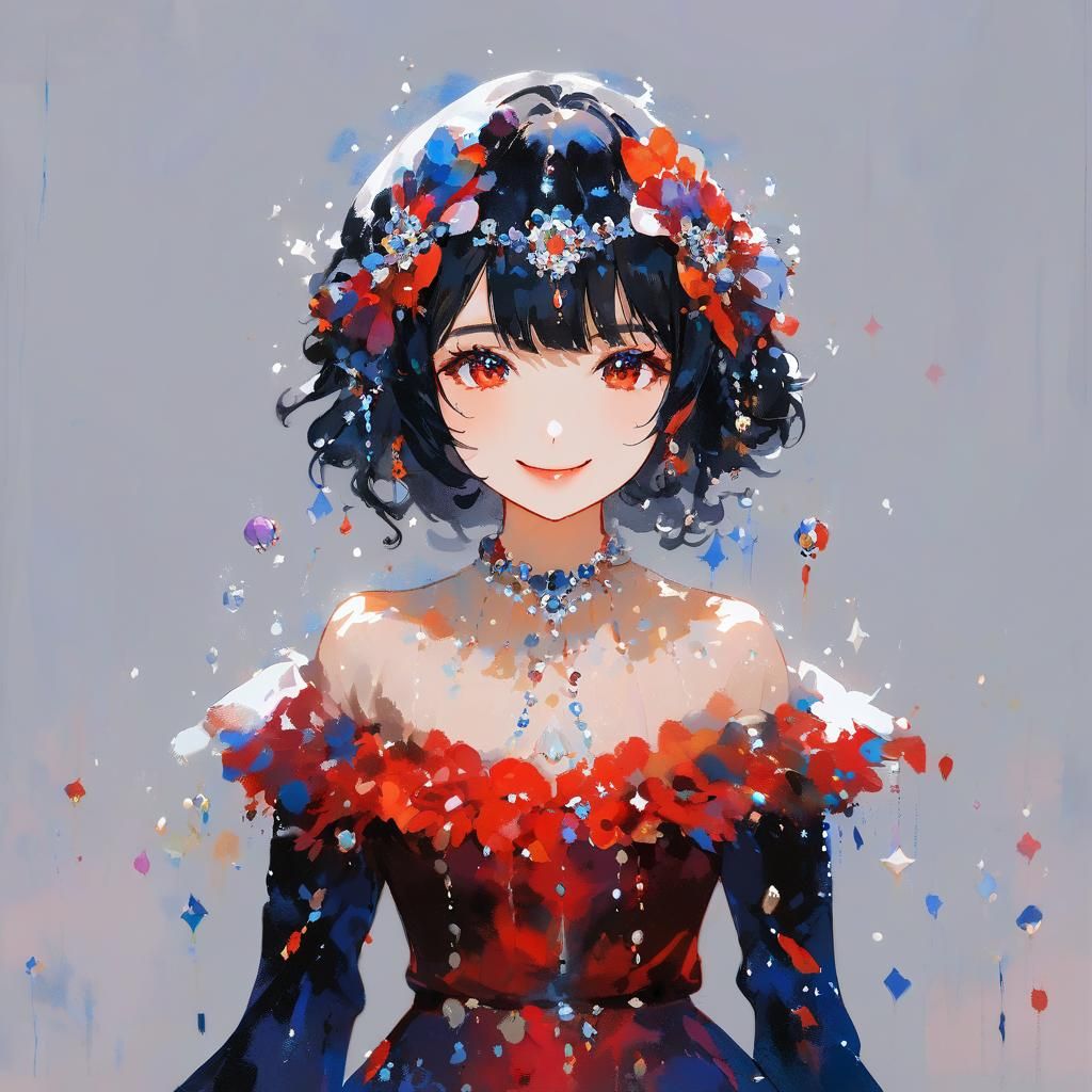 Anime with painterly triadic colors shading. Woman in aquarela painting ...