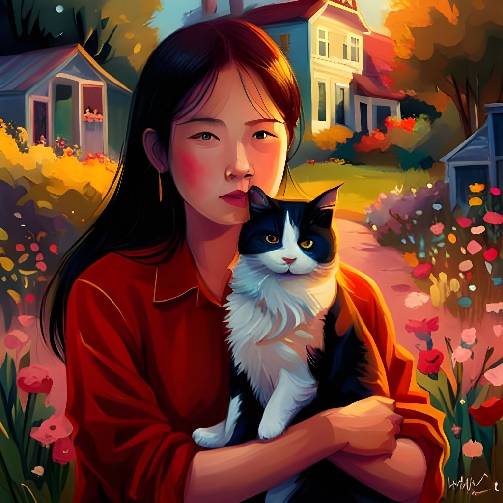 "portrait of pretty girl holding cute tiny happy cat in luscious garden ...
