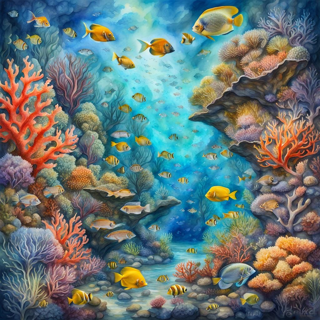 Watercolor painting of a underwater coral reef teaming with exotic fish ...