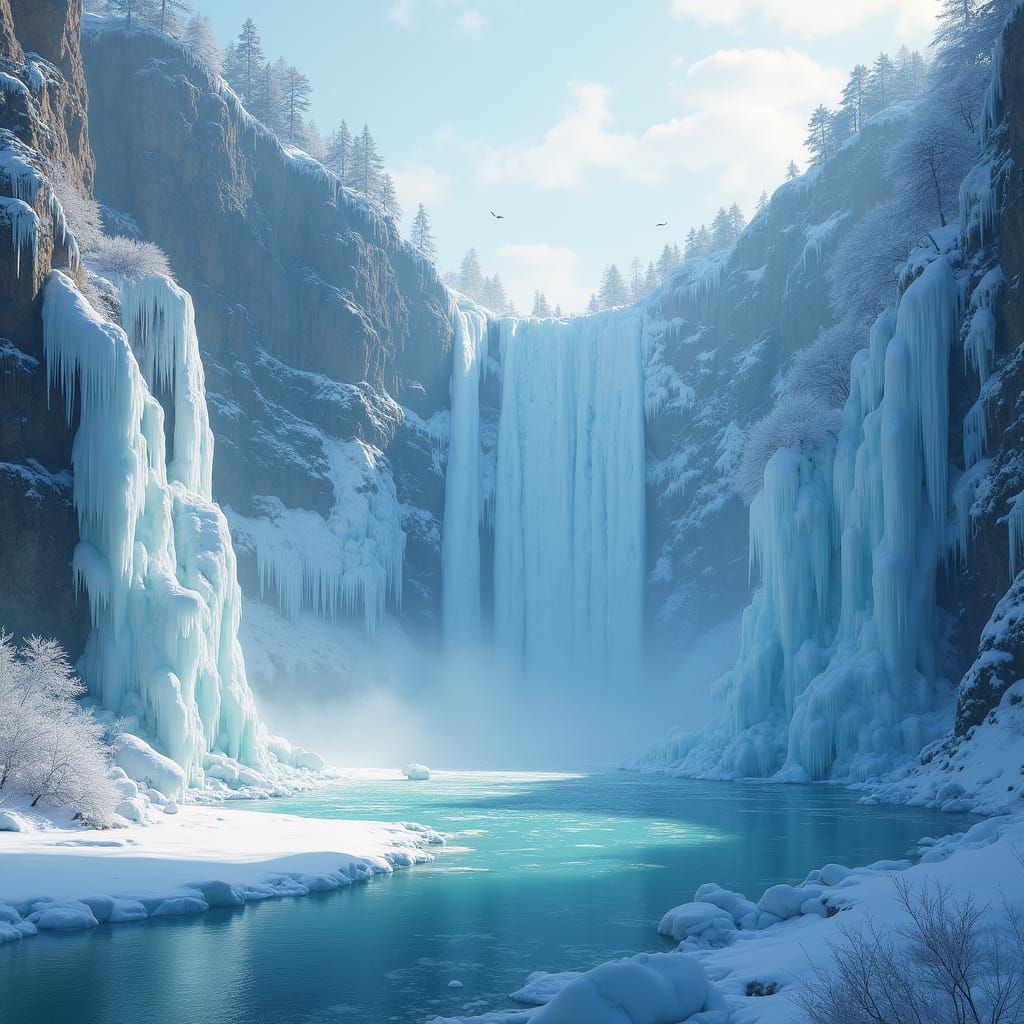 Icy Winter Landscape with Frozen Waterfalls - AI Art