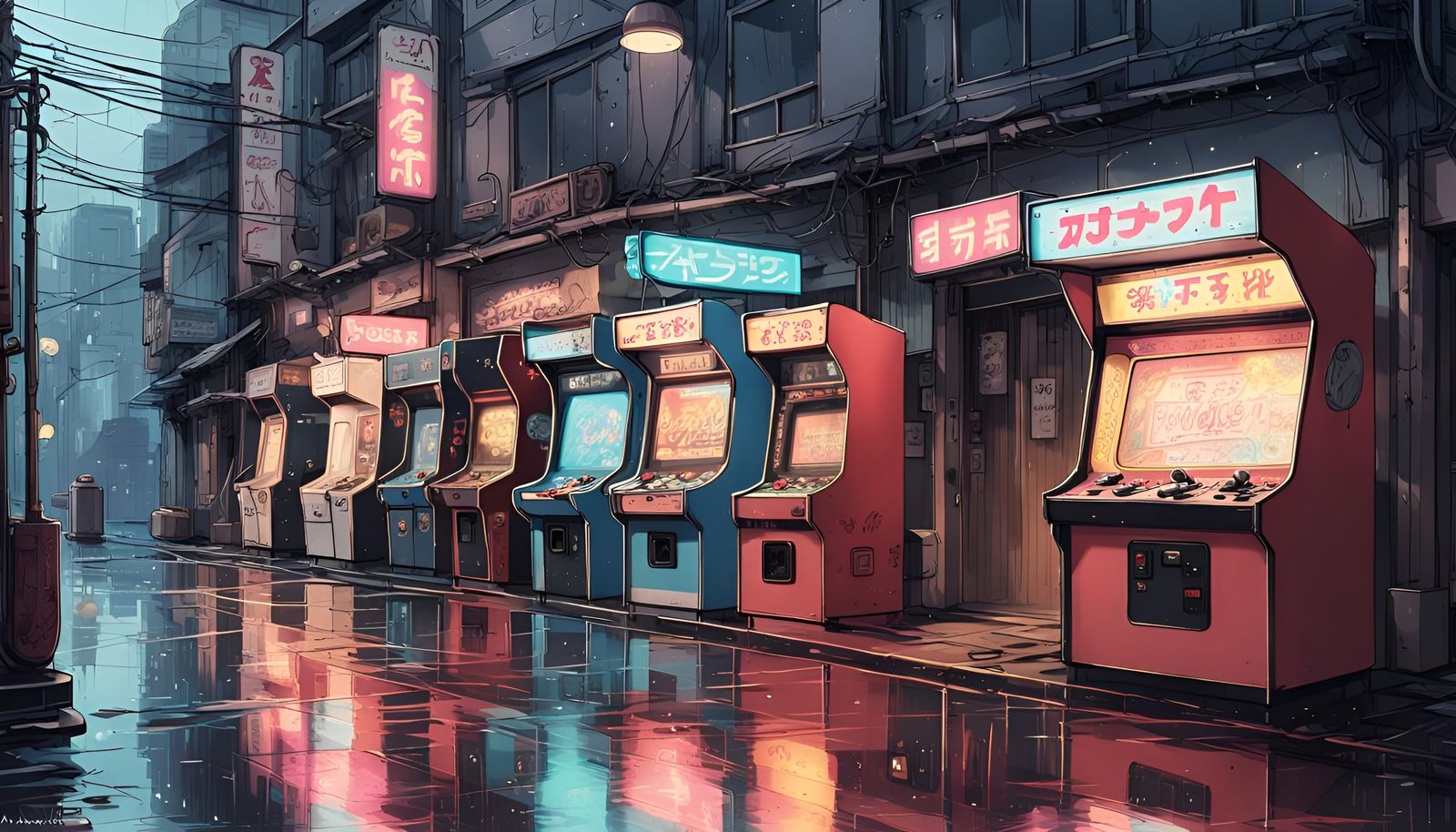 An abandoned, retro arcade on a rainy evening in a cityscape, its faded ...
