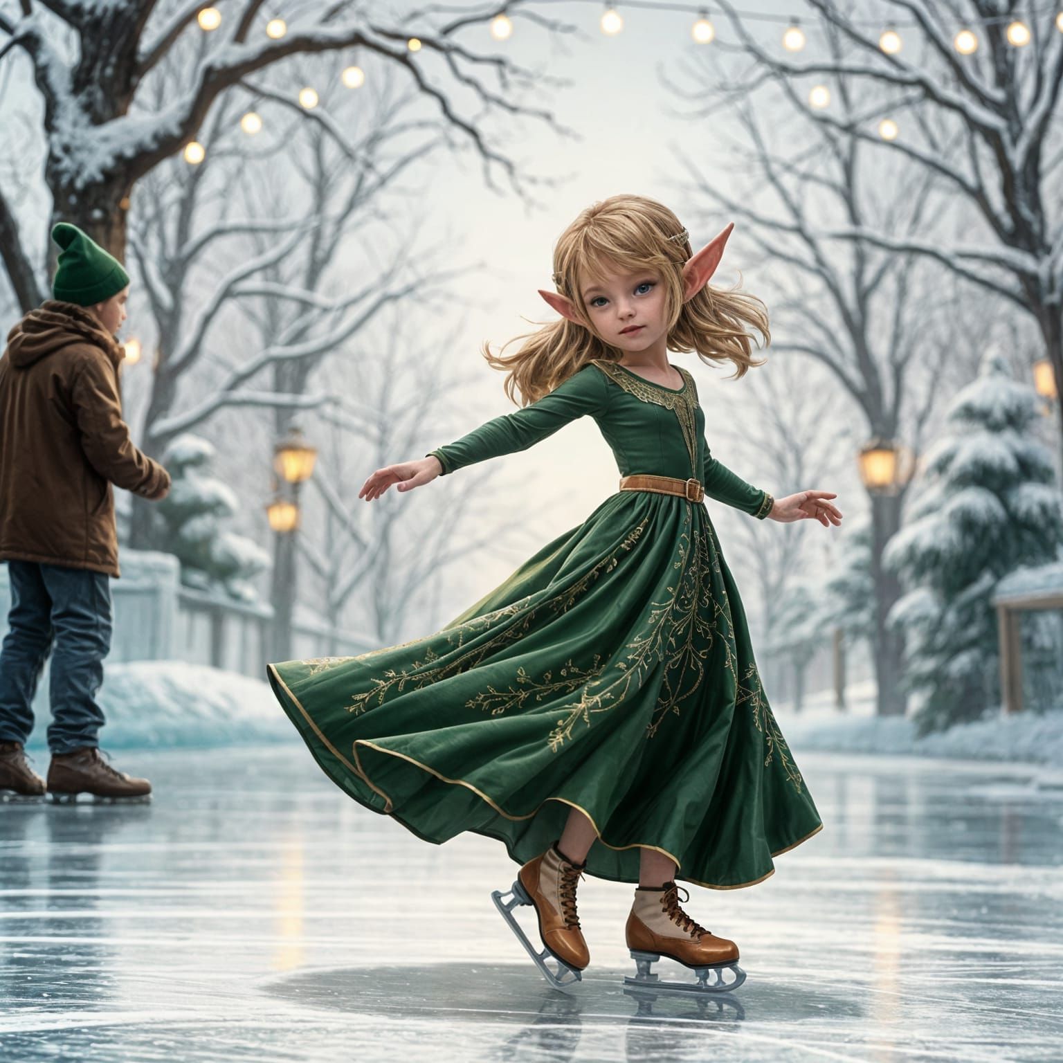 Female Elf child skating on an outdoor ice rink, w... - AI Art