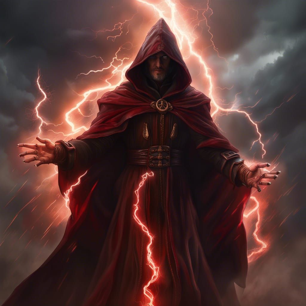 A powerful warlock, wearing a long dark hooded cloak, facing forward ...
