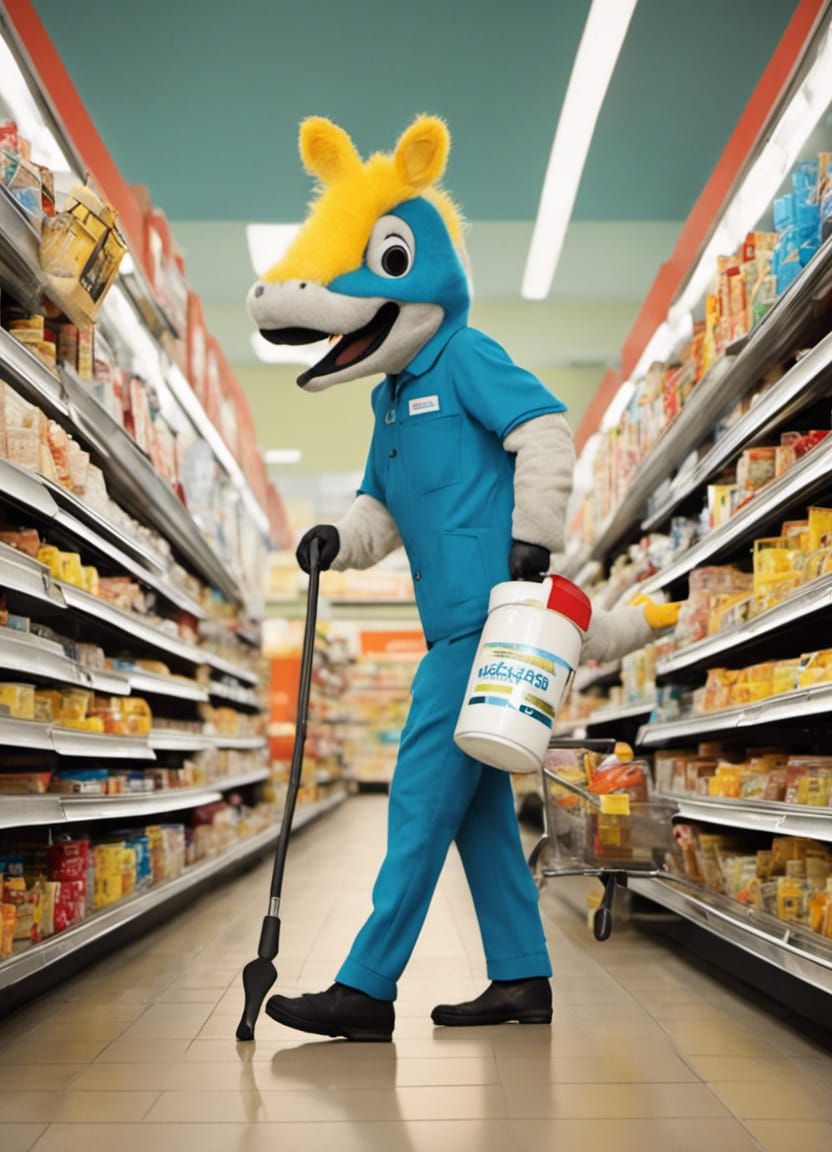 A creepy animal in uniform mopping Walmart, Wes Anderson style - AI ...