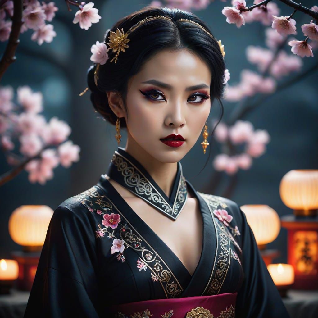 Elegant Vampire Portrait in a Sakura Zen Garden