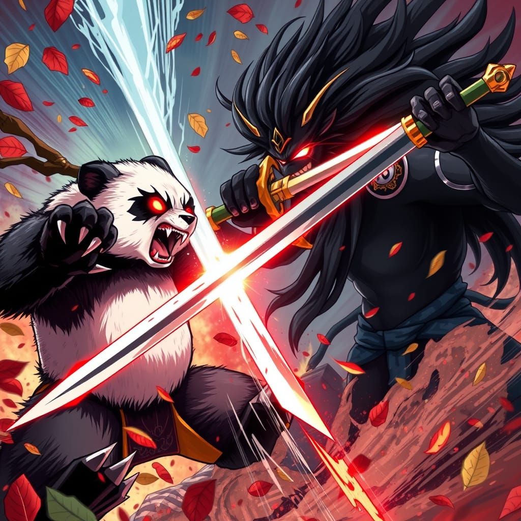 Panda Demon Warrior Engages Epic Battle with Black... - AI Art
