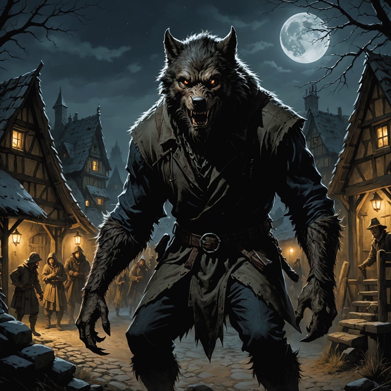 Werewolf Stalks Village at Night - AI Art