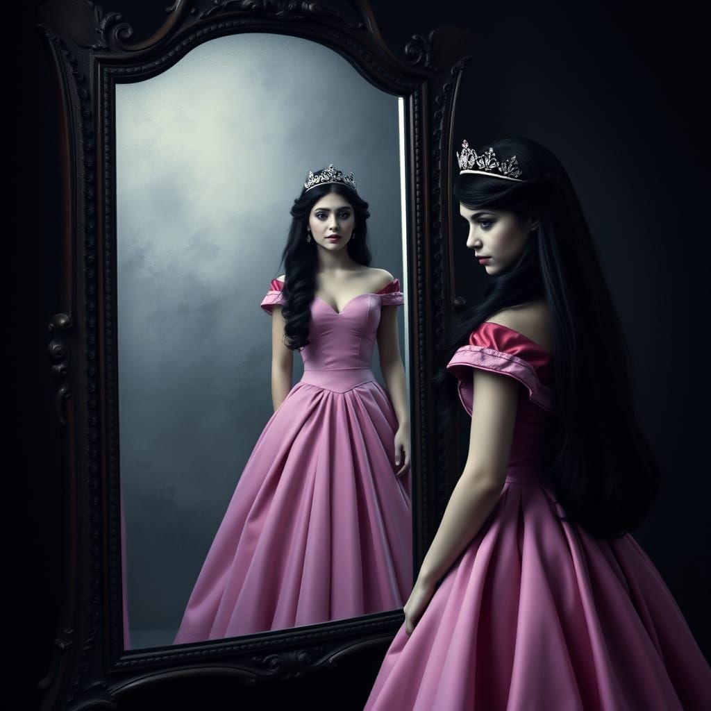 Realistic Princess Reflection in Dark Mirror - AI Art