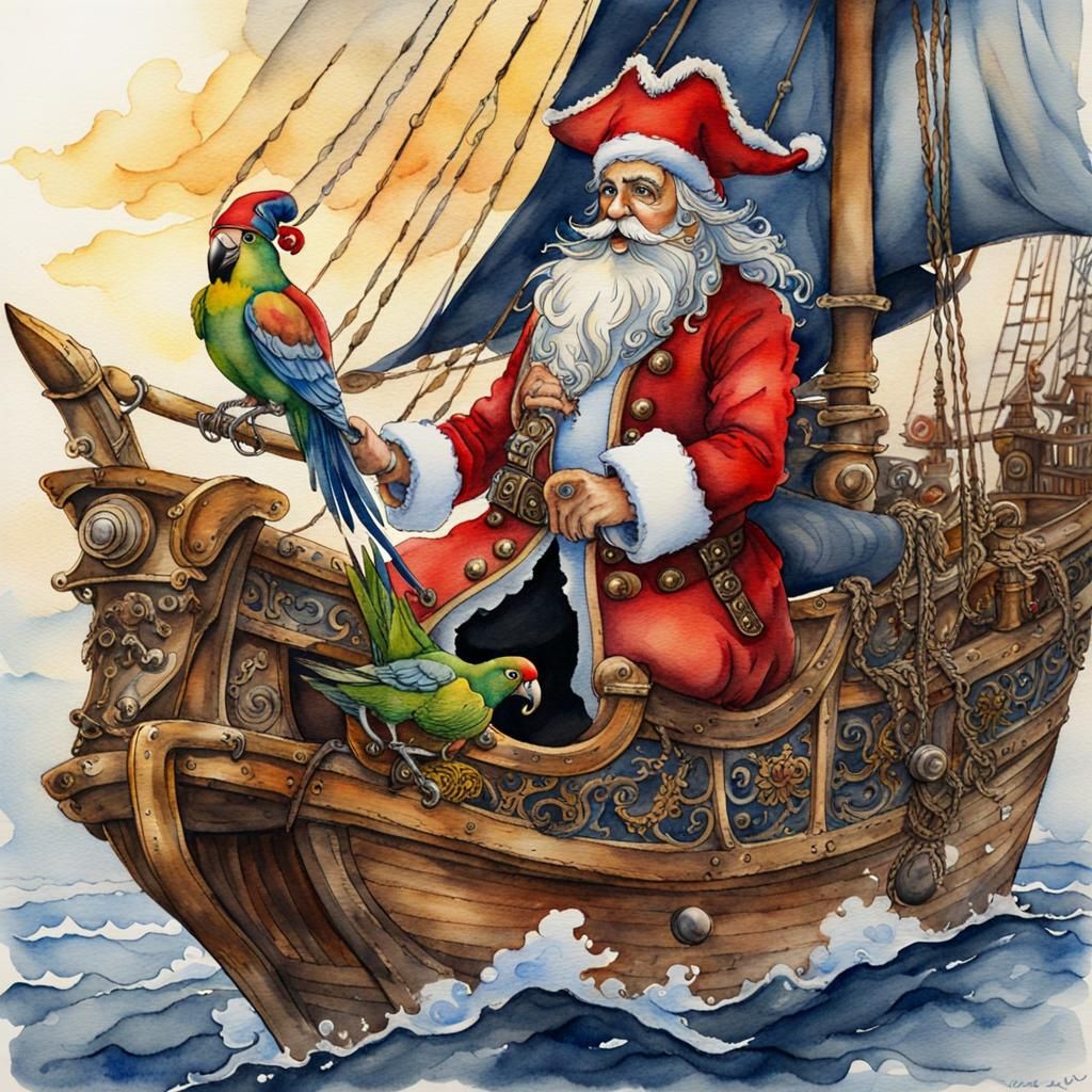Pirate Santa with his parrots - AI Generated Artwork - NightCafe Creator