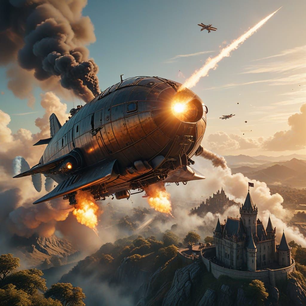 Steampunk Zeppelin Engages Castle in Epic Air Batt... - AI Art