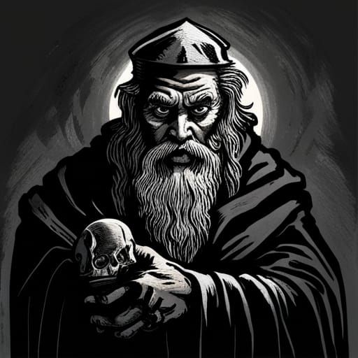 Evil wizard holding a skull detailed black and white crosshatch woodcut ...