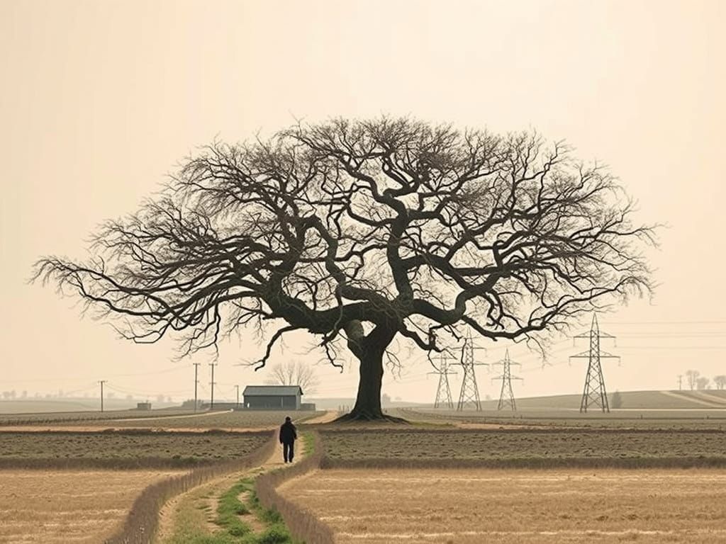Photo of a large bare tree in an open field.