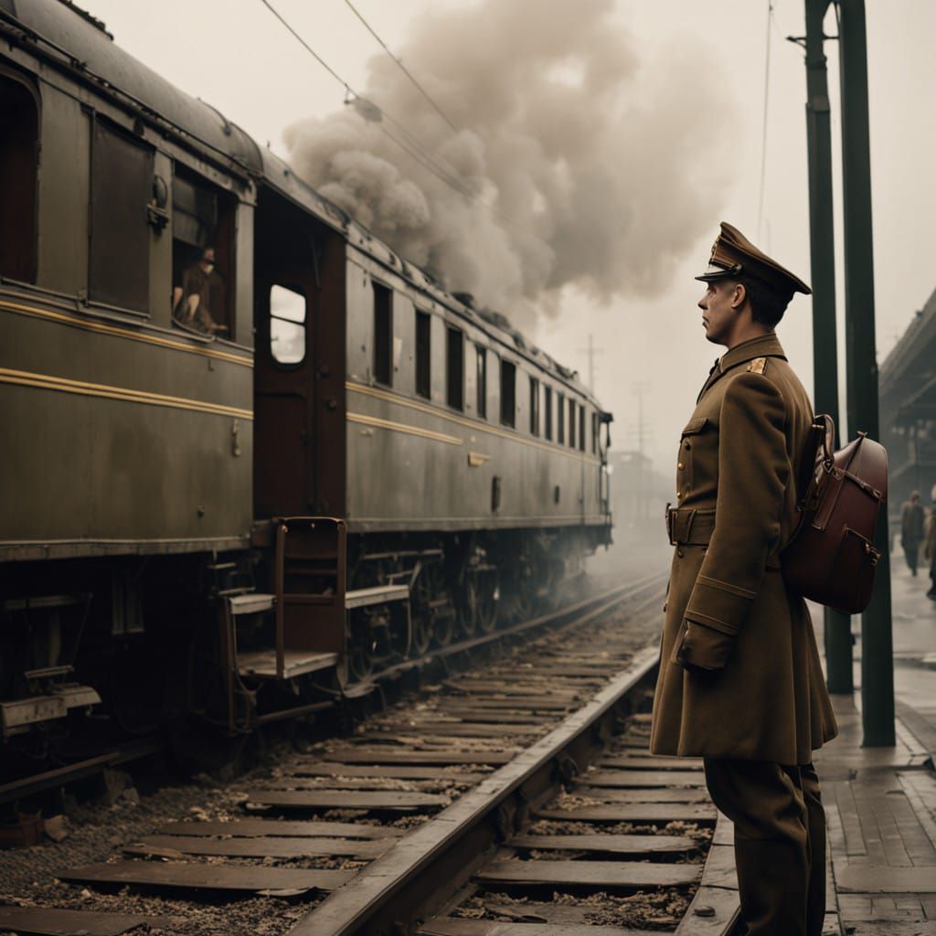 Young Soldier's Farewell in 1940s Train Station - AI Art