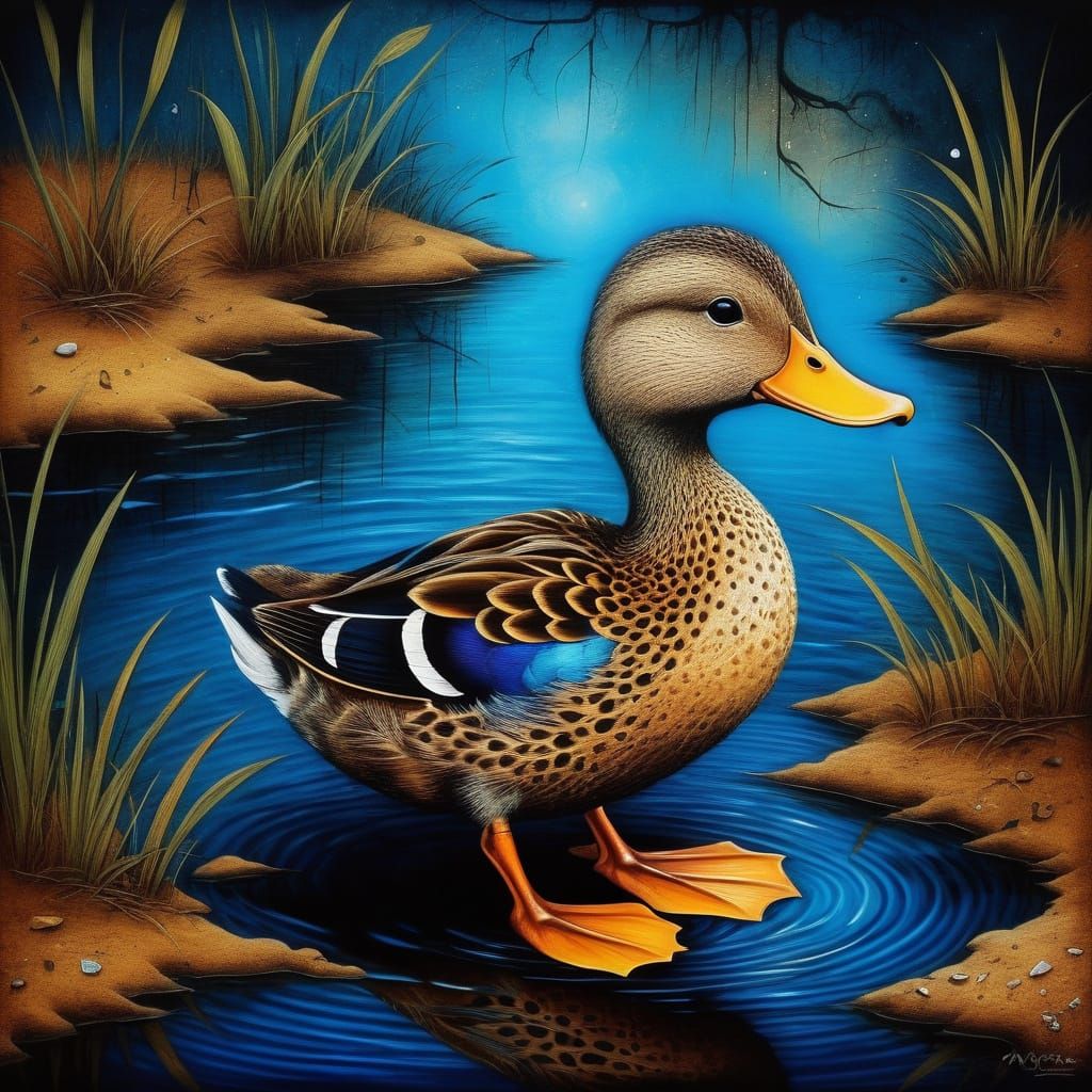 Surrealist Duck on Riverbank in Pop Art Style with... - AI Art