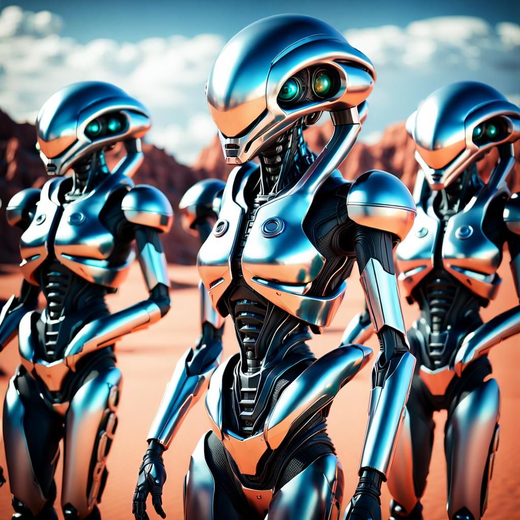 Three alien robots - AI Generated Artwork - NightCafe Creator