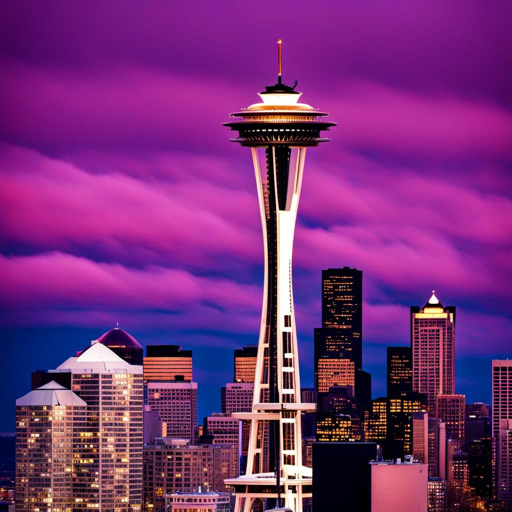 seattle washington, space needle, puget sound, purple - AI Generated ...