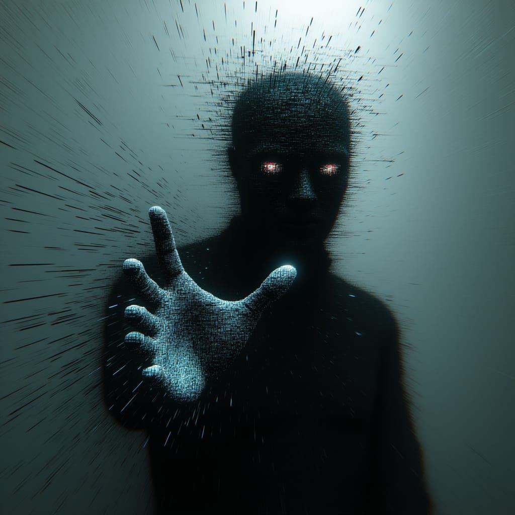 Shadowy Glitch Figure in Monochromatic Elegance - AI Art