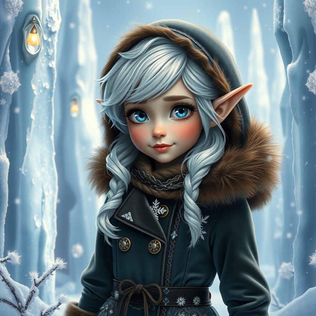 Elf girl ice Frozen Christmas, hyper-realistic image, hyper-detailed, 16k