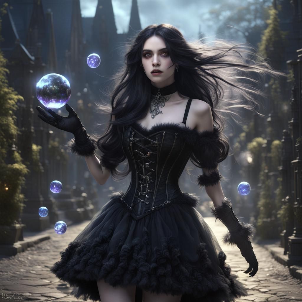 goth girl, clear morning, sunshine, long fluffy hair , running black ...