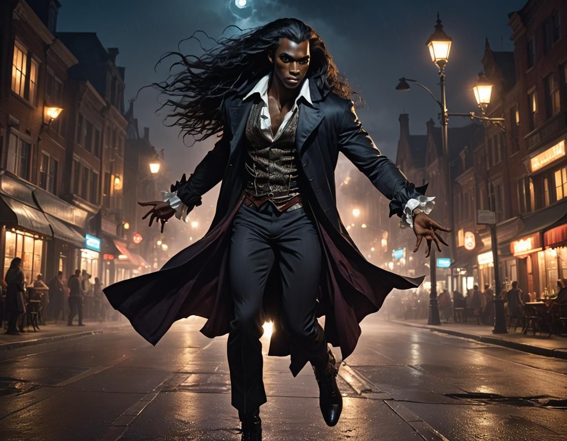 action shot of a gorgeous black male vampire, long flowing hair ...