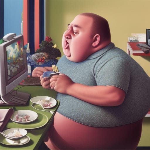obese teenager eating in front of his computer / seen from 3/4, close ...