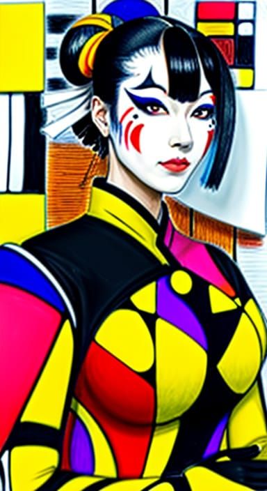 Surreal Harlequin Lady in Vibrant Crayon Overglaze... - AI Art