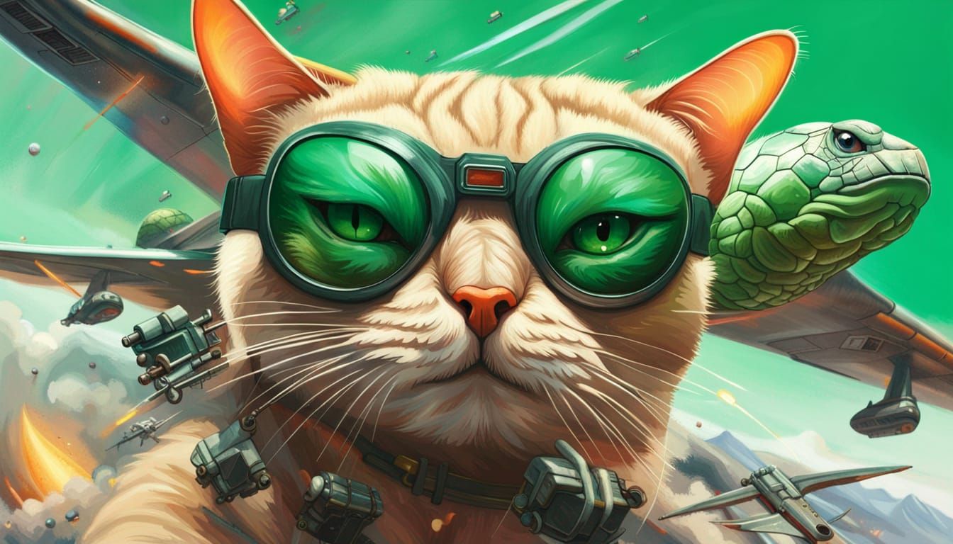 Cyborg Siamese cat flying a fighter plane and shooting at an giant ...