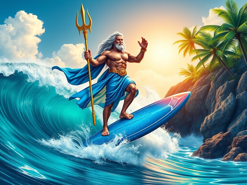 Neptune Rides Majestic Wave at Pipeline in Iridesc... - AI Art