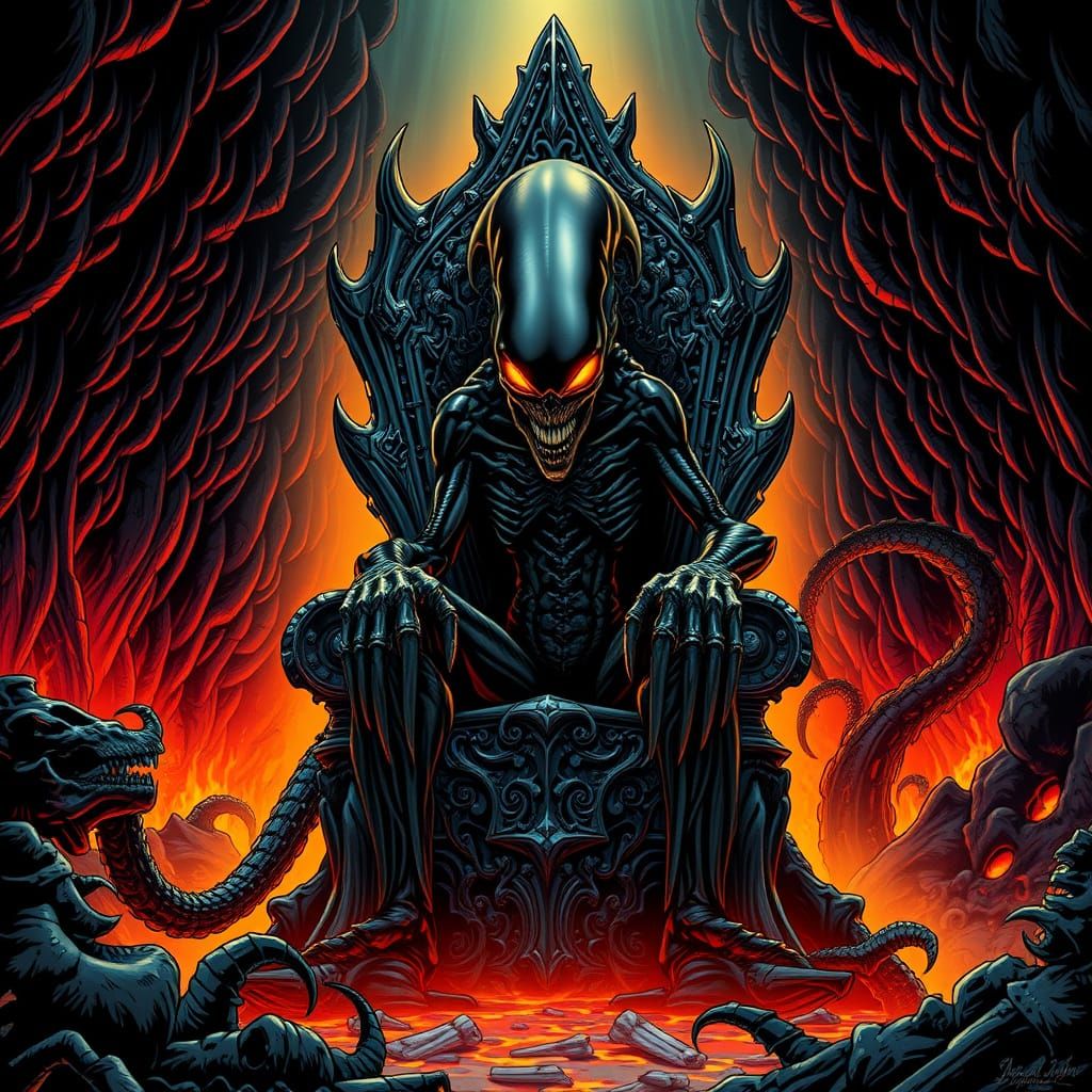 Xenomorph on a throne in hell - Cyberpunk Xenomorph on Dark ...