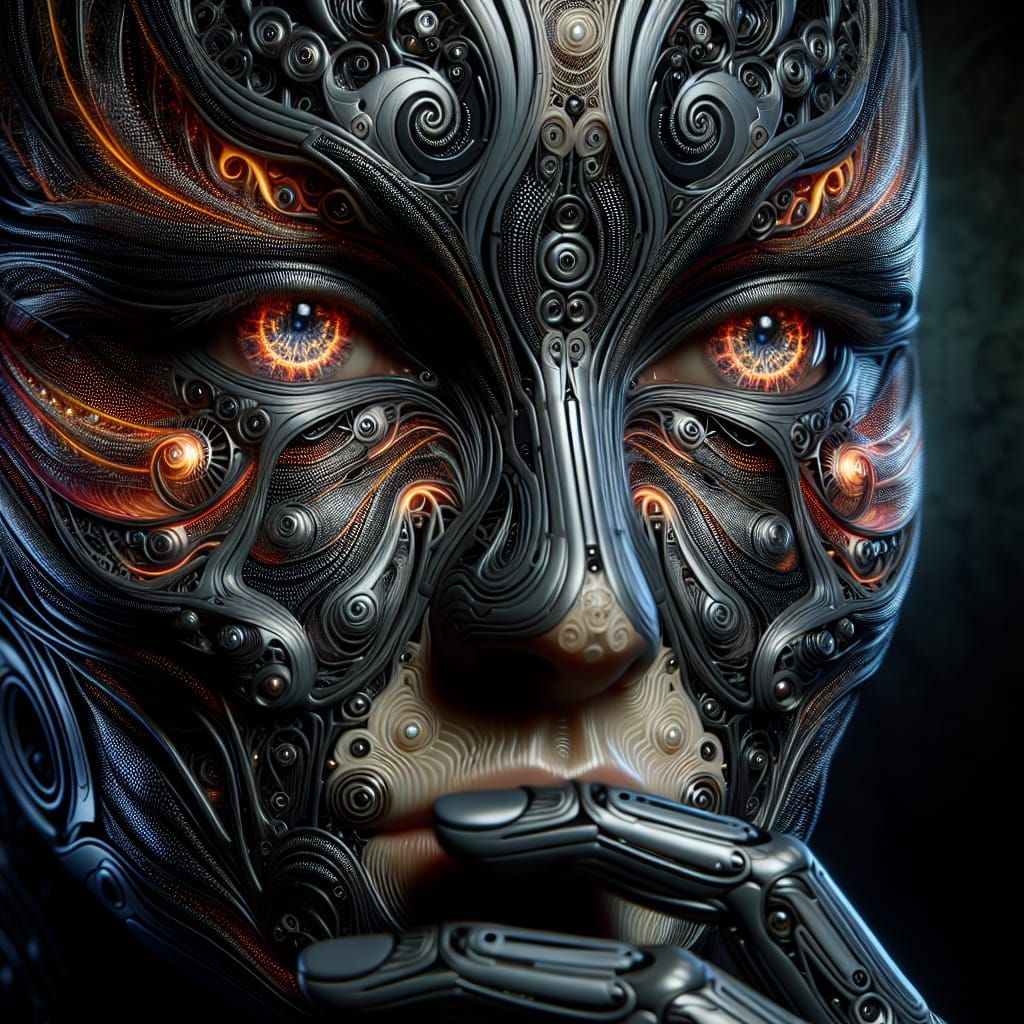 A surreal and futuristic portrait of a humanoid figure with intricate ...