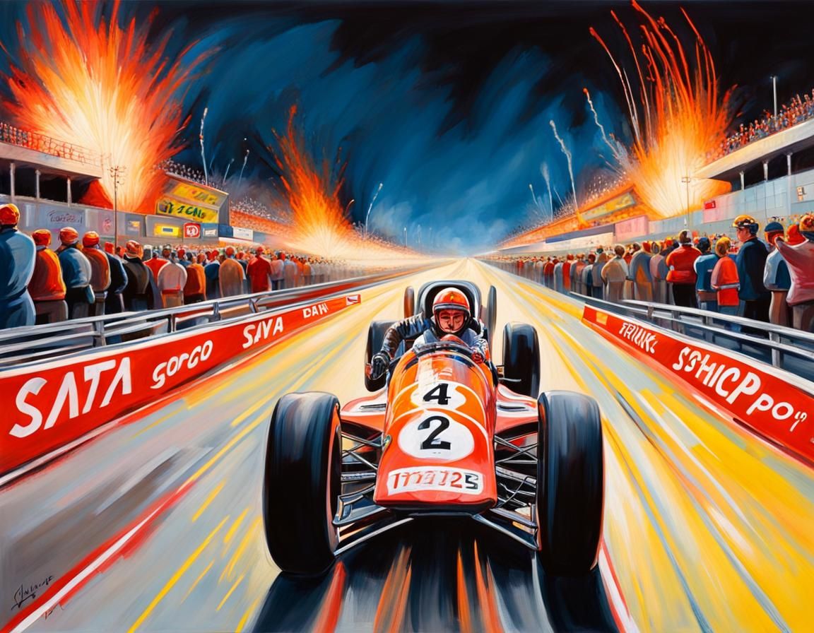 Figurative painting, gouache medium, of the vibrant Santa Pod race ...