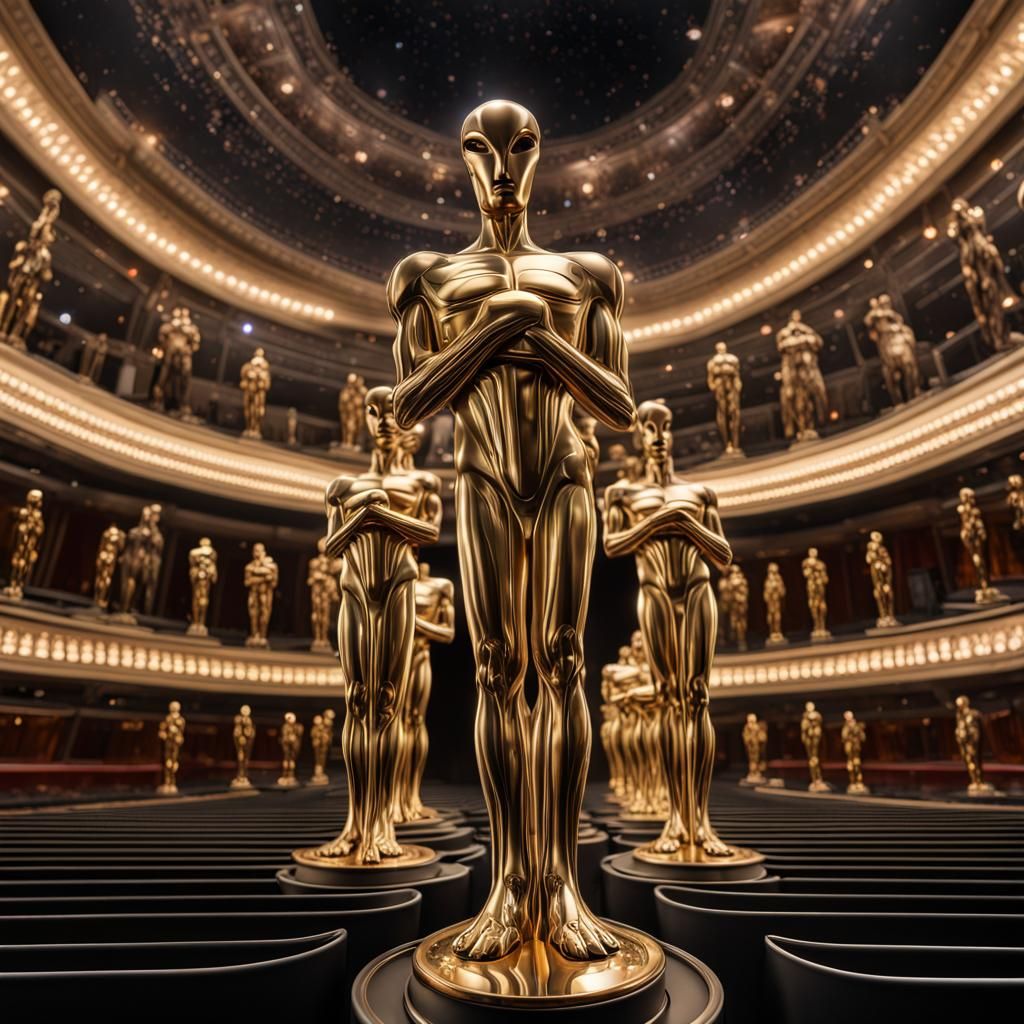 The Academy Awards with aliens on stage accepting an award, intricate ...