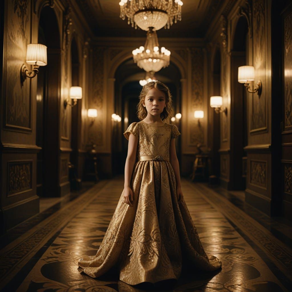 Elegant Golden 2 Year Old Girl in Ornate Hallway - AI Art