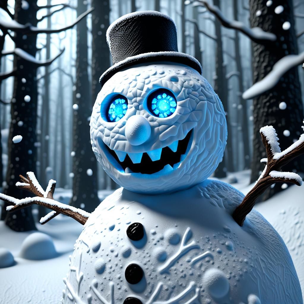 A realistic portrait of a snowman with sharp, spooky teeth.