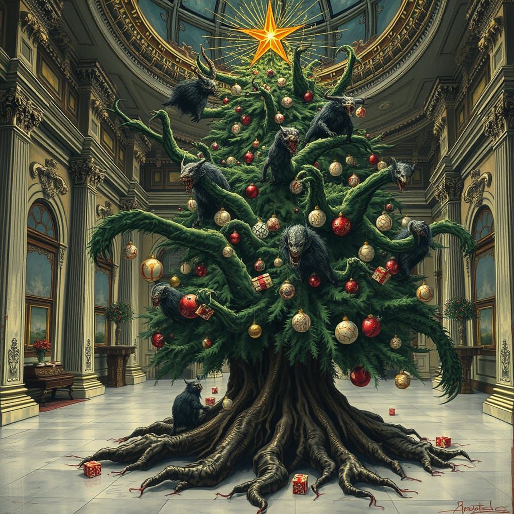 An enormous Christmas tree in a grand hall, its roots breaking through ...