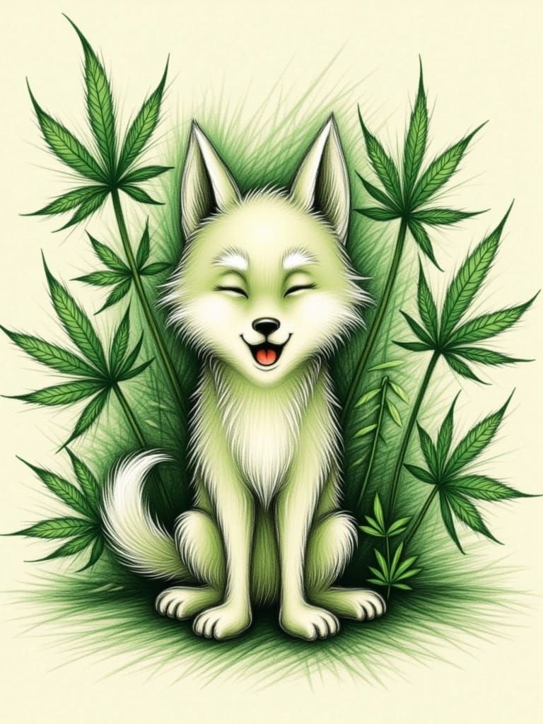 Whimsical Wolf Surrounded by Cannabis Leaves in So... - AI Art