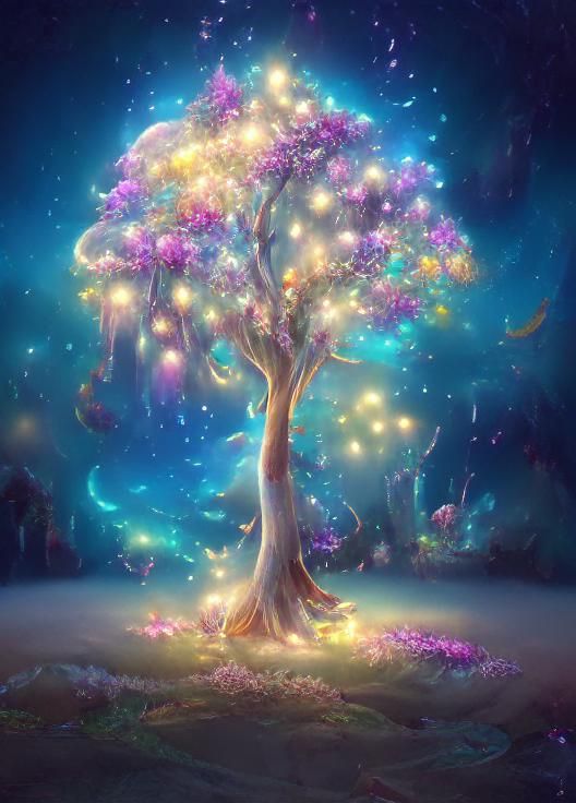Glowing Fantasy Tree Surrounded By magical sparkles and Floating ...
