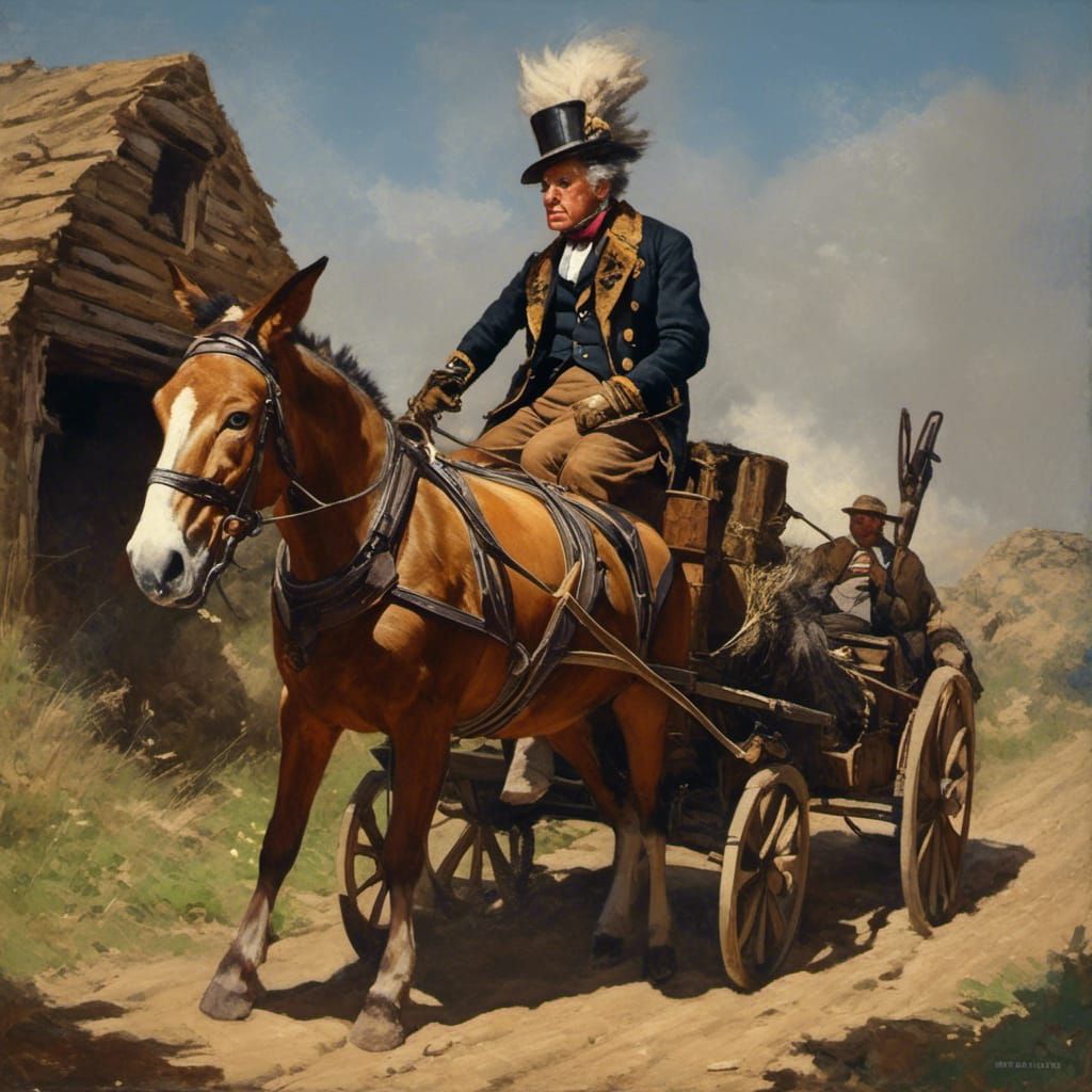 An old donkey drags a cart on which Arthur Schopenhauer rests dressed ...