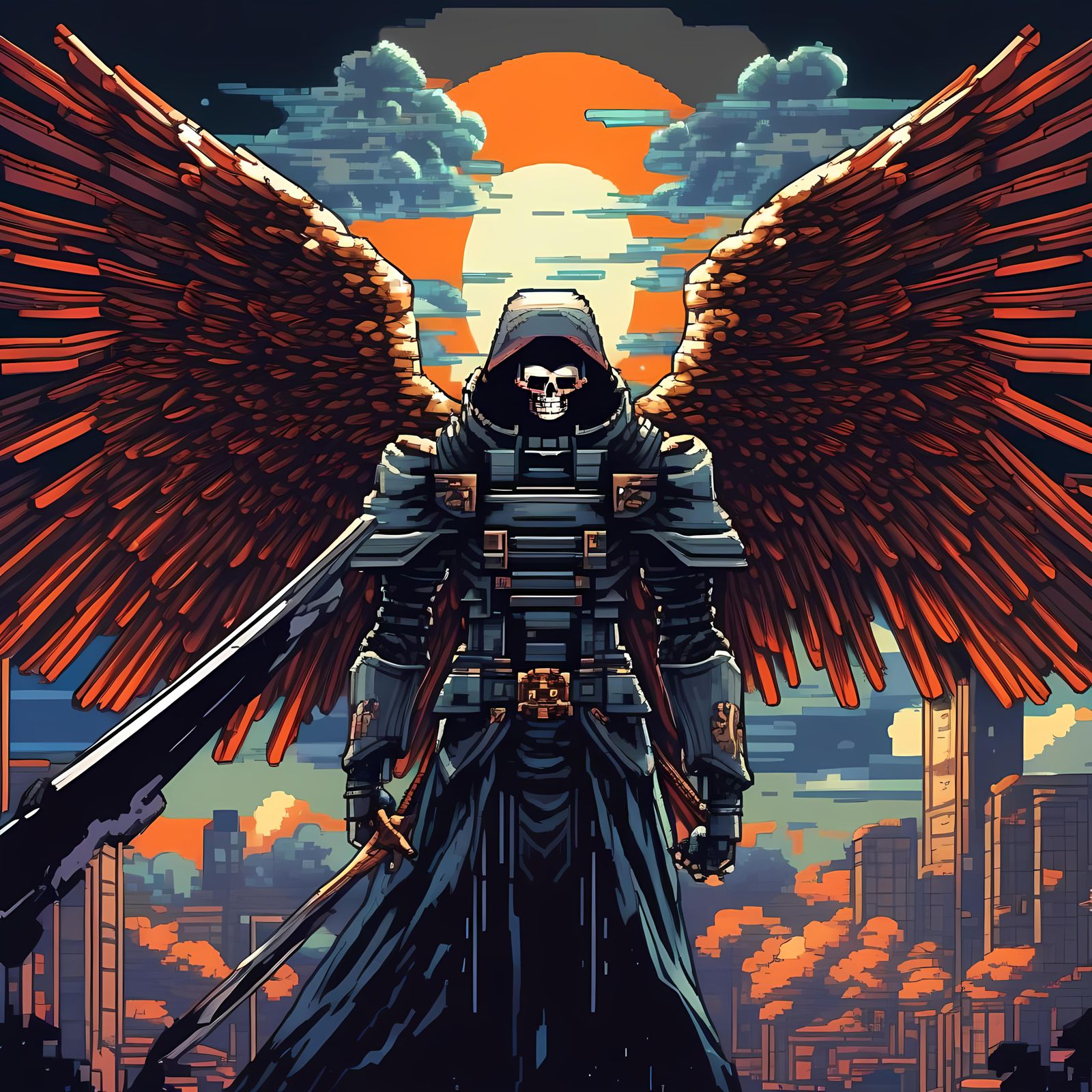 Portrait of a death-dealing angel about to take the life of a young man ...