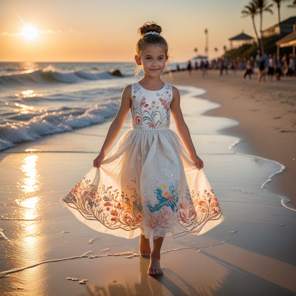 Acheerful little girl model with an updo bun hair struts down a ...