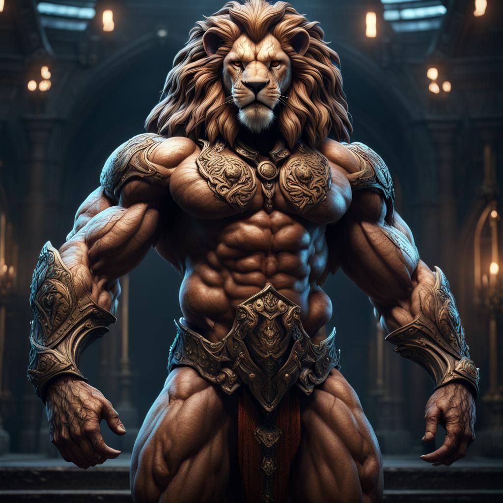 humanoid lion, very muscular, 4k, dark fantasy styles, flexing his arms ...