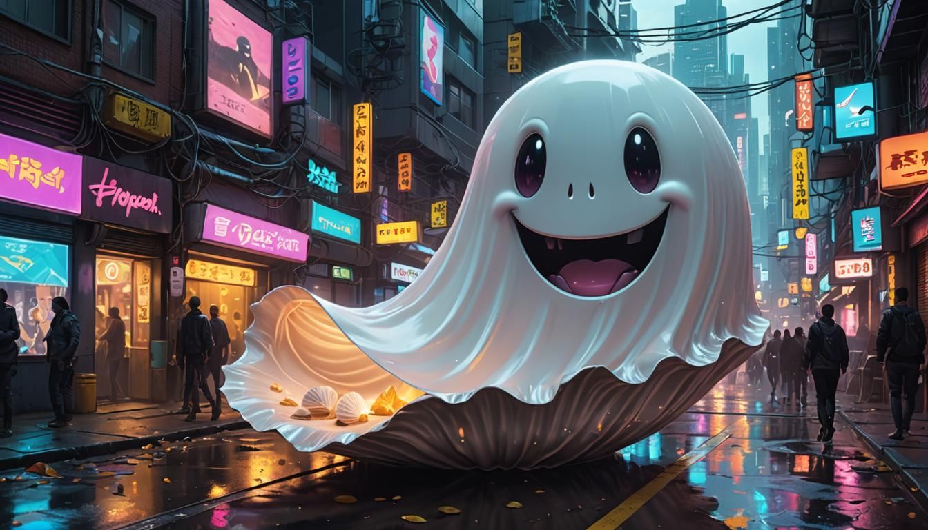 cartoon happy floating white sheet smiling ghost inside a seashell ...