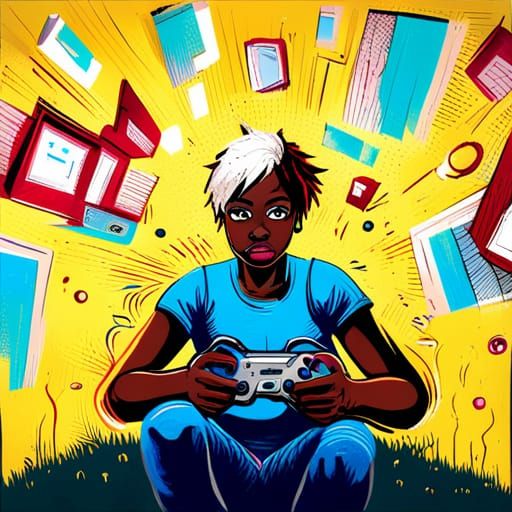 black girl gamer, blue hair, beautiful young african american woman ...