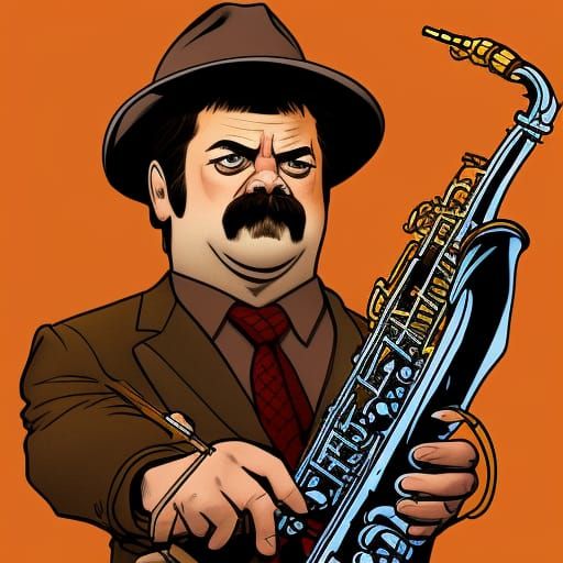 Ron Swanson wearing a hat playing saxophone - AI Generated Artwork ...