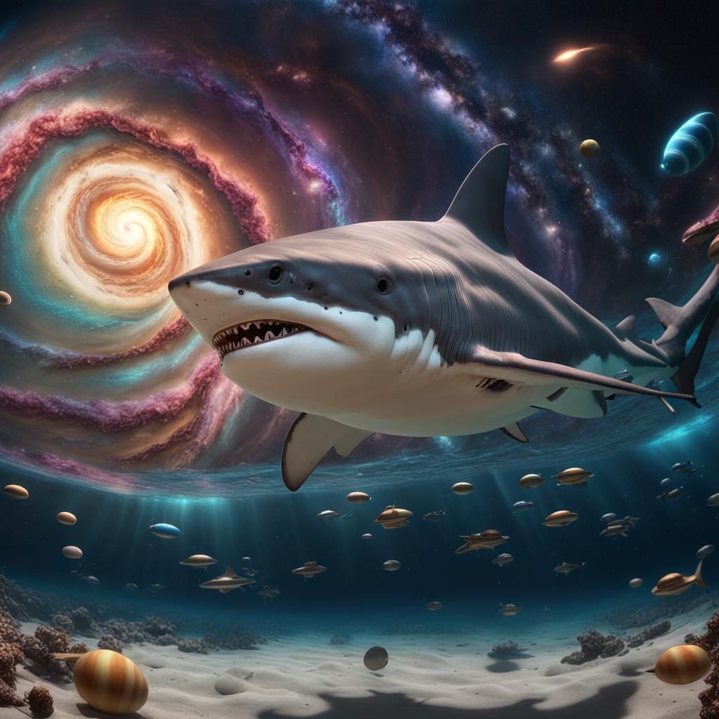 "Colorful shark swim in the universe, Jupiter and Saturn and the Milky ...
