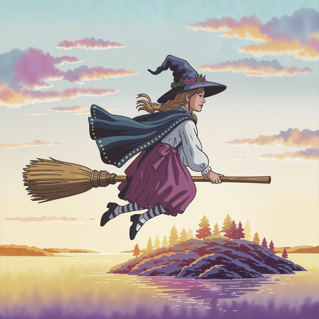 Whimsical Swedish Witch Soars on Broomstick to Blo... - AI Art