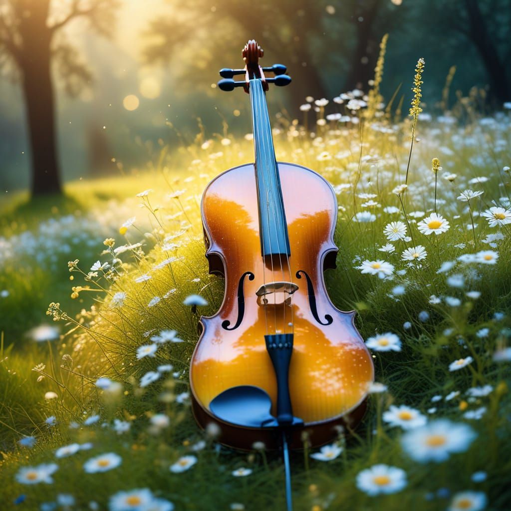 Ethereal Cello in Lush Green Landscape - AI Art
